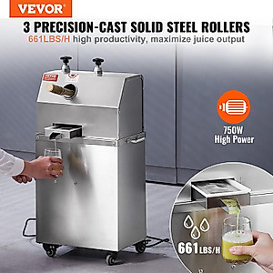 VEVOR Electric Sugar Cane Juicer, 750W Sugarcane Juicer Machine with 661LBS/H High Output, 3 Stainless Steel Rollers, 2.4" Large Inlet, Sugarcane Juice Extractor Squeezer on Wheels for Home/Commercial