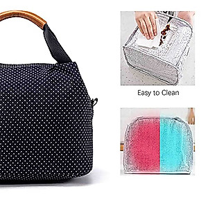 CALIYO Lunch Bag for Women, Insulated Kids Lunch Container with Leather Holder, Foldable Cute Small Cooler Polka Dot Lunch Tote Bag for Office School Picnic Camping Travel, 9L,Black