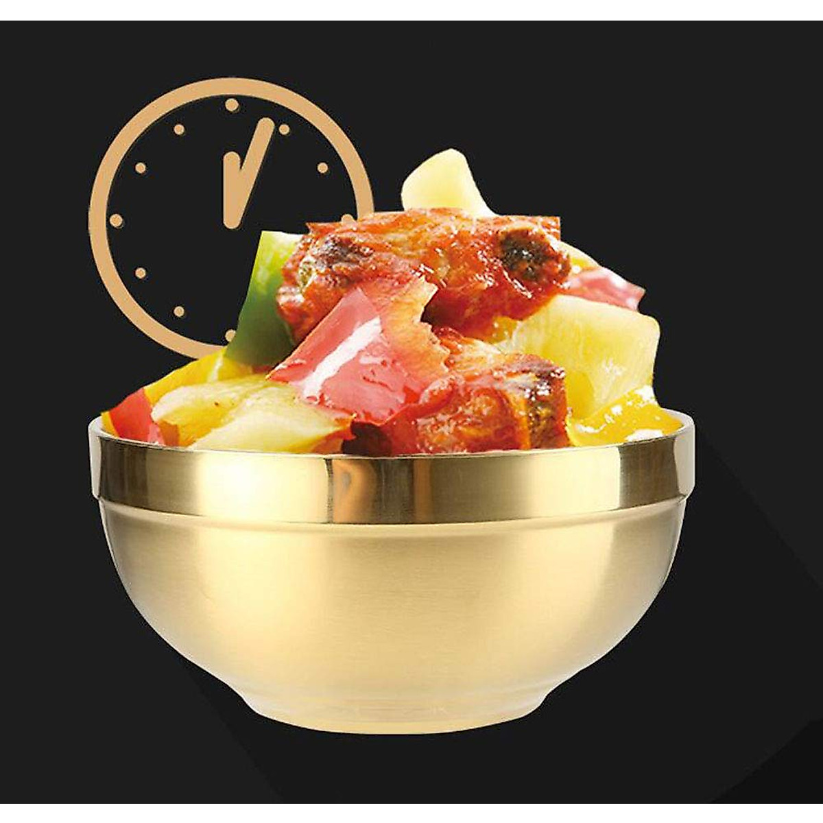 Unbreakable Thick Anti-scald Rice Bowl Double-deck 304 Stainless Steel Food Bowls for Soup, Popcorn, Fruit, Salad, Noodle, etc (Gold, Big)