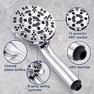 Cobbe High Pressure 8 Functions Shower Head with handheld - Powerful Detachable Shower Head Set for Low Water Pressure - Tool-less 1-Min Installation, Extra Long 60" Stainless Steel Hose (Chrome)