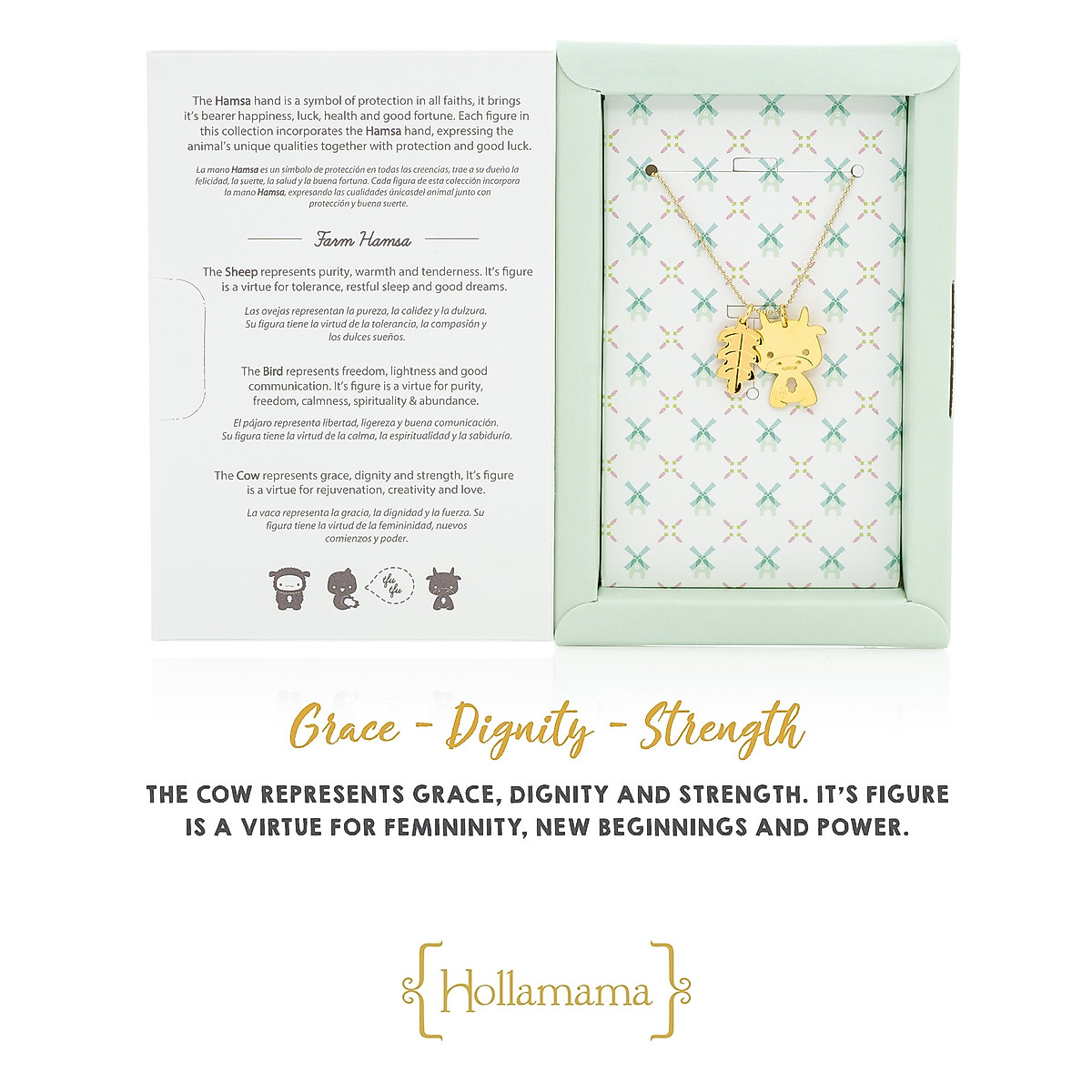 Hollamamma Cow Hamsa Hand 24 Karat Gold Pendant Necklace for Women (24")