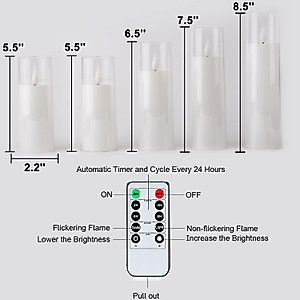 Amagic Pure White Flameless Candles, Battery Operated Candles, Flickering LED Pillar Candles with Remote Control and Timer, 3D Wick, Yellow and Blue Glow, Set of 5