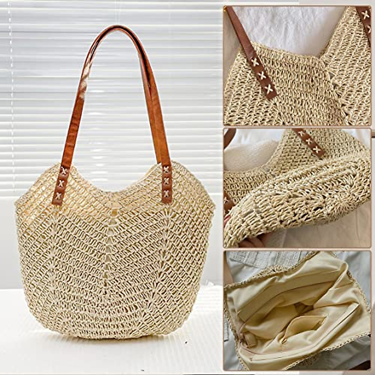 NIBD Hand-woven Soft Large Straw Shoulder Bag Retro Boho Tote Bags Summer Beach Woven bag Rattan Handbag (Off-white)