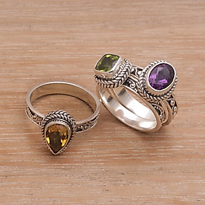 NOVICA Artisan Handmade .925 Sterling Silver Multigemstone Stacking Rings Amethyst Citrine Peridot Cocktail Indonesia Birthstone 'Perfect Prism' (set of 3)