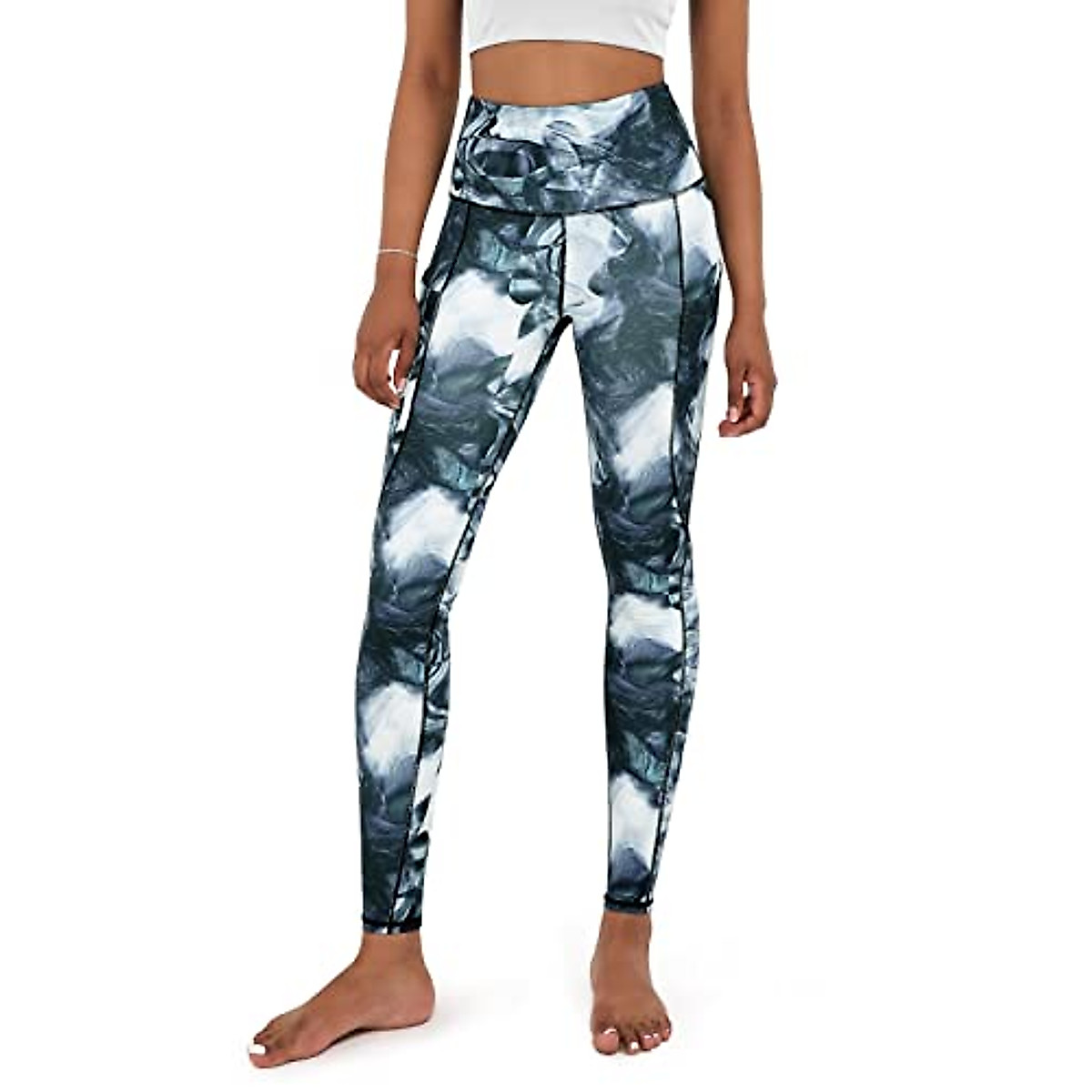 ODODOS Women's High Waisted Pattern Leggings with Pockets, Tummy Control Non See Through Athletic Workout Running Yoga Legging Pants, CrosstalkNavy, Small