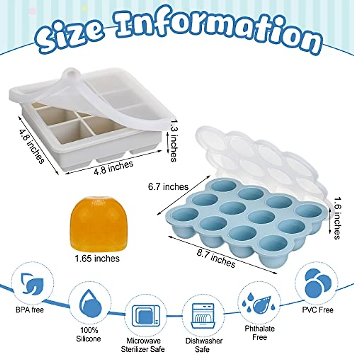 Hoolerry 4 Pcs Silicone Baby Food Freezer Tray with Clip on Lid Baby Food Storage Containers Milk Trays for Breastmilk Silicone Ice Cube Trays for Vegetable Fruit Puree, 2 Styles (Gray, Green, Blue)