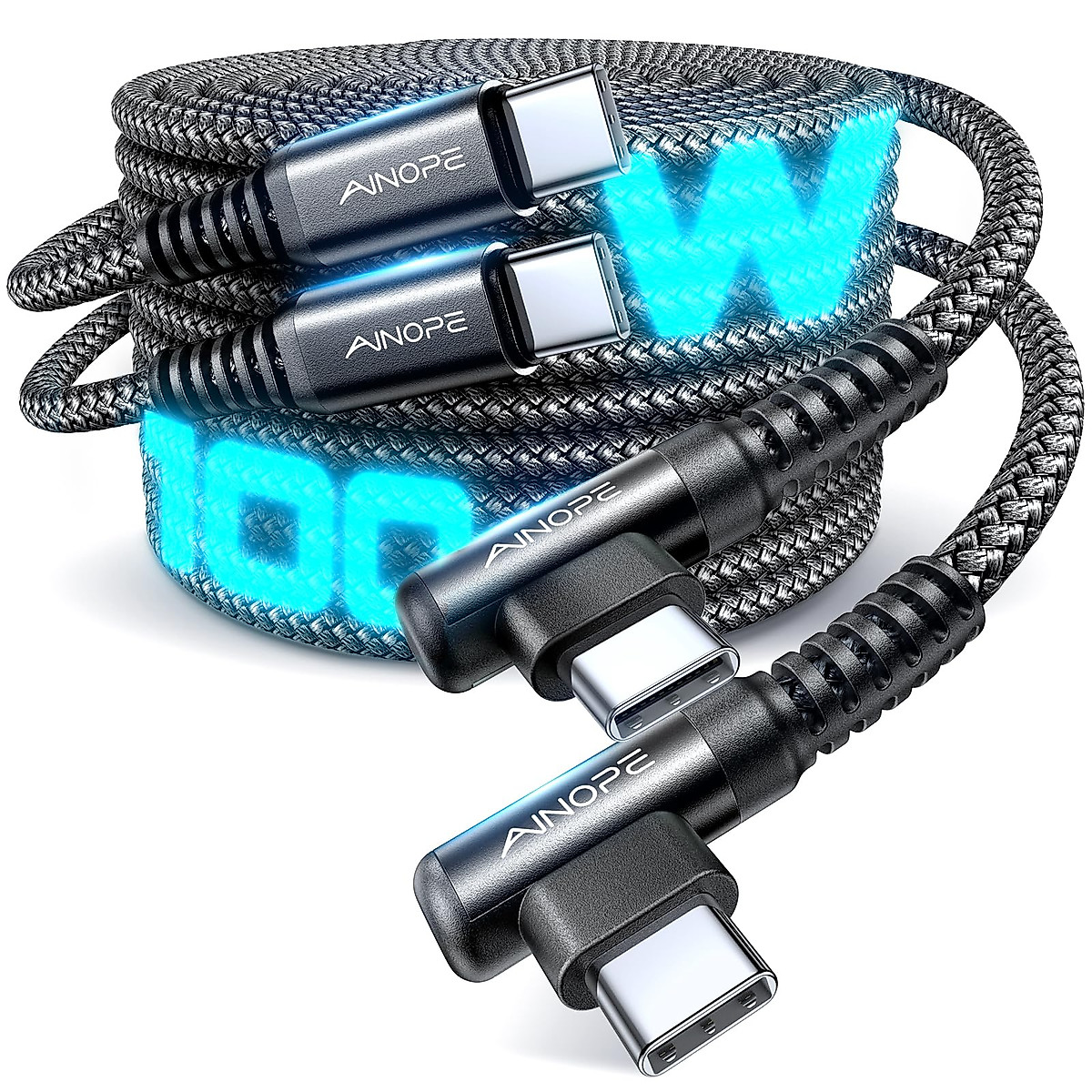 AINOPE USB C to USB C Cable 100W Durable iPhone 16 Charger Cord Right Angle, USBC to USBC Cable Cord Fast Charging Fit iPhone 16 Pro Max Plus MacBook/iPad Pro/Samsung-2 Pack 6.6FT Black