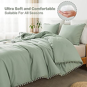 Litanika Sage Green Pom Pom Fringe Comforter Full(79x90 Inch), 3 Pieces(1 Boho Comforter and 2 Pillowcases) Aesthetic and Lightweight Microfiber Down Alternative Bedding Set
