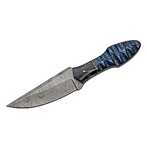 Ocean Ripple Damascus Steel Blade | Grooved Wood 8 inch Hunting Knife