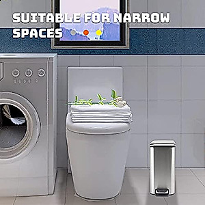 TMTECH Stainless Steel Bathroom Trash Can with Lid Soft-Close and Inner Wastebasket, Rectangular Slim Small Trash Can for Bedroom Kitchen Office, Anti-Fingerprint Brushed, 5L1.3Gal, Silver, (TM)