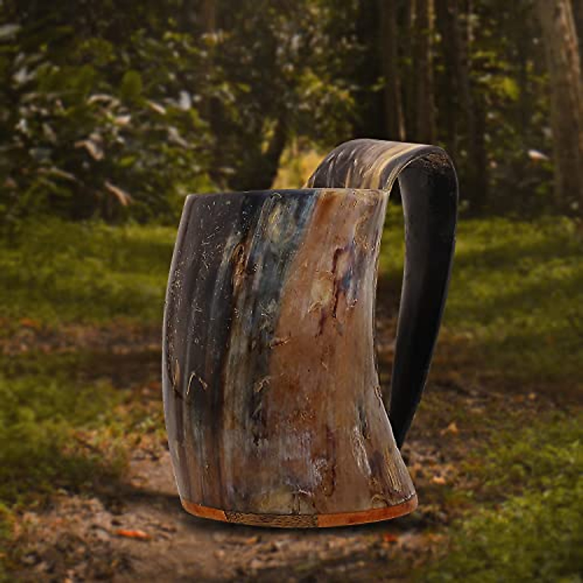 Eleet Original Viking Drinking Horn Mug - 20 Oz Wood Base Extra Large Medieval Inspired Cup Unpolished Natural & Real Horn Tankard (20 Oz Jumbo Unpolished)