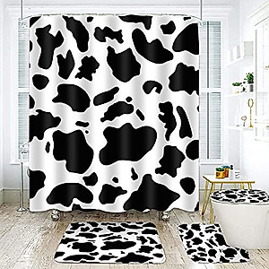 4pcs Cow Print Shower Curtain Sets with Rugs Accessories, Black and White Pattern Bath Curtains Set Bathroom Decor with 12 Hooks 71x72 in SETYYEA4
