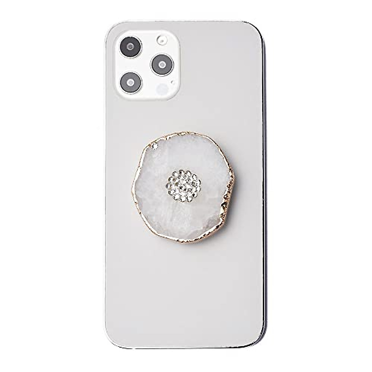 White Agate Stone Crystal Phone Grip Premium Phone Stand Druzy Quartz Healing Crystal Natural Gemstone with Gold Trim and Crystal Design Phone Grip Stand Mount Holder for Smart Phones and Tablet