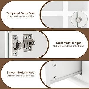 Giantex 55" White Bookcase with Doors and Drawer, Tall Wooden Bookshelf Organizer with Adjustable Shelves, Freestanding Glass Display Storage Cabinet for Living Room Bedroom Kitchen Pantry