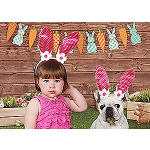 Happy Easter Backdrop Spring Rabbit Carrot Green Grass Eggs Baby Shower Backdrop Brown Wooden Wall Easter Party Decoration (7x5ft)