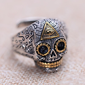 Gothic 925 Sterling Silver Freemason Masonic Skull Ring Golden All Seeing Eye for Men Women Open and Adjustable