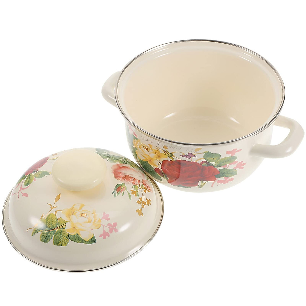 Cooking Pot Enamel Stew Pot Vintage Floral Casserole Pot Oven Pot Stockpot Enamel Camping Cookware Enamelware Pot with Lid and Handle Household Soup Pot random pattern