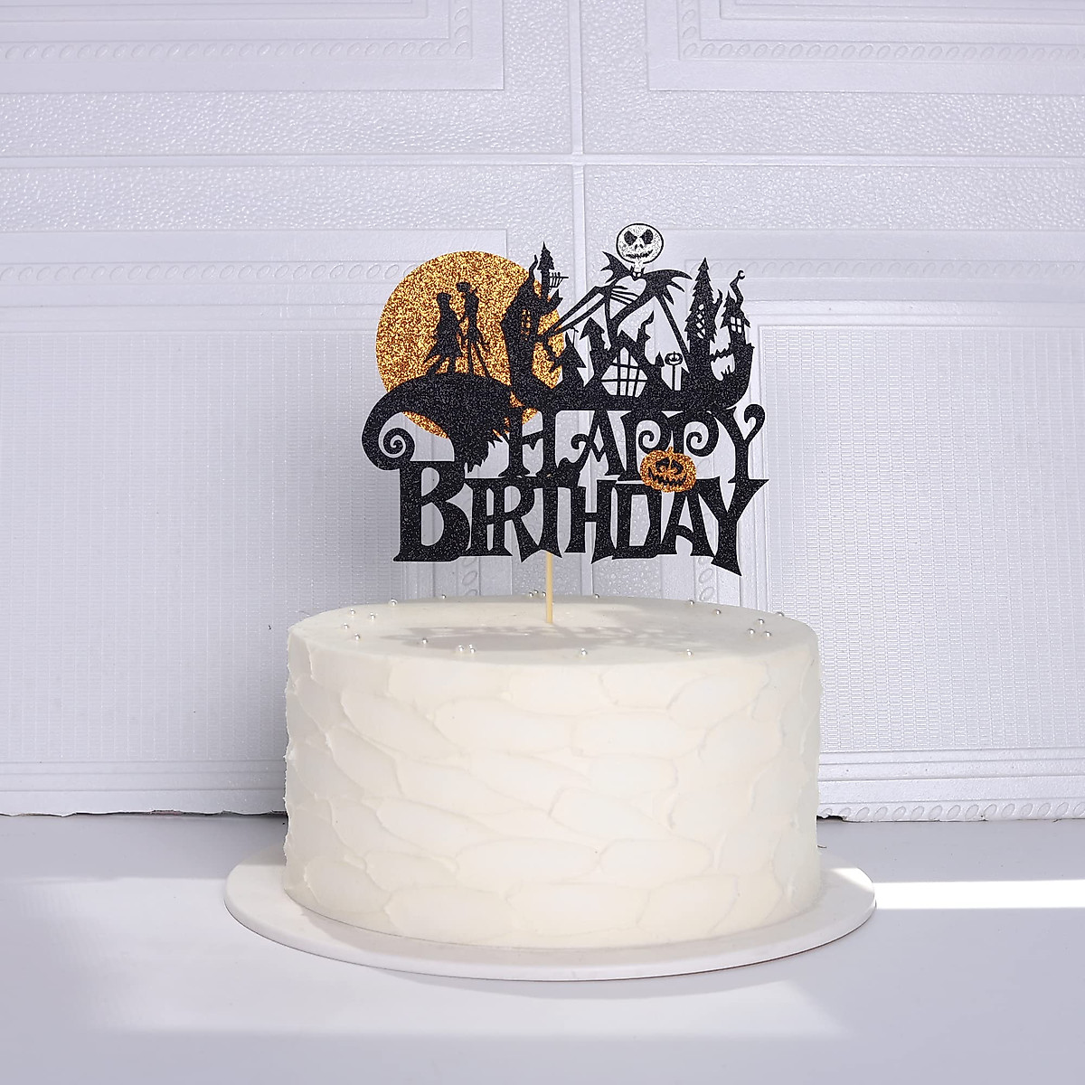 1 PCS Halloween Happy Birthday Cake Topper Glitter Jack and Sally Pumpkin Bat Castle Ghost Halloween Cake Pick for Halloween Theme Baby Shower Kids Birthday Party Cake Decorations Supplies