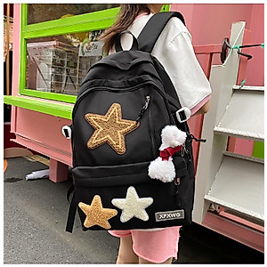 MININAI Y2k Backpack with Kawaii Pendant Aesthetic Star Backpack Cute Preppy Laptop Book Bag Back to College Supplie (Black,One Size)