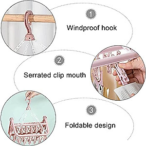 MENFENG Clothes Drying Hanger and Drip Foldable Hanging Sock Rack（32 Clips ） Multifunction Clothes Drying Rack，Rotary Wind-Sock Hanger for Washing line，for Socks, Underwear, Bras, Baby Clothes (Pink)