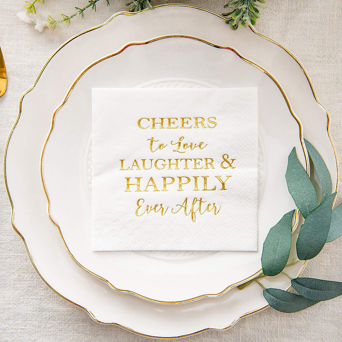 Crisky 100 Count Bridal Shower Napkins Disposable Cocktail Napkins 3-Ply Gold Foil Text Beverage Napkins for Engagement Party Decorations & Wedding Shower