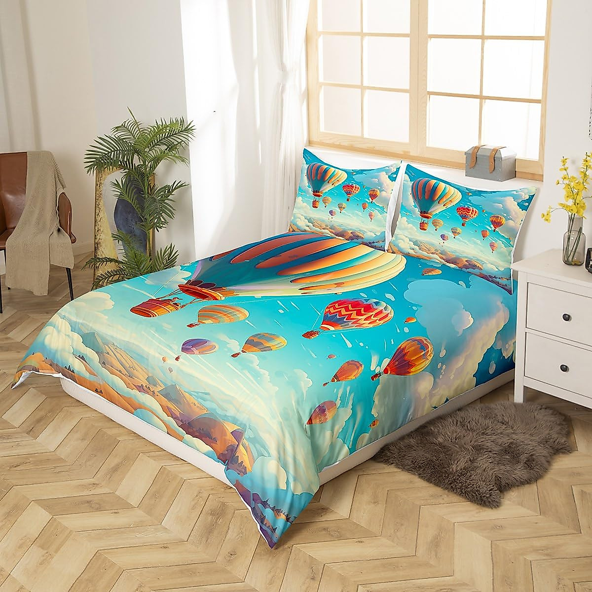 Feelyou Hot Air Balloon Bedding Set Colorful Hot Air Balloon Duvet Cover for Kids Boys Girls Mountains Comforter Cover Blue Sky White Clouds Bedspread Cover with 1 Pillowcase 2Pcs Bedding Twin