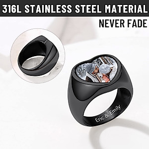 GOLDCHIC JEWELRY Heart Signet Rings With Personalised Photo, Black Pinky Ring Size K For Ladies Women