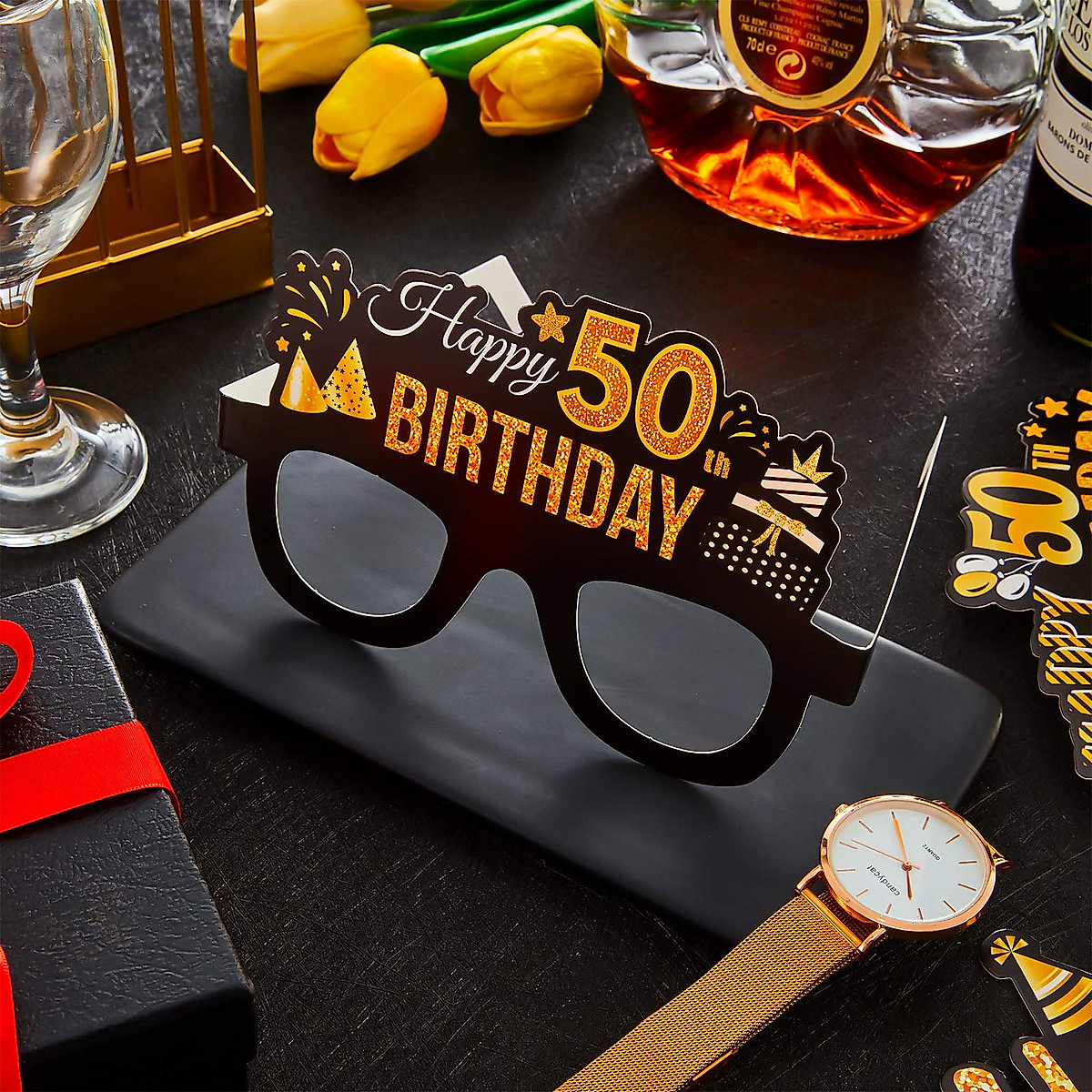 Sumind 24 Pcs Birthday Glasses Decoration Paper Eyeglasses Birthday Sunglasses to Wear for Men Women Table Decor Party(50th)