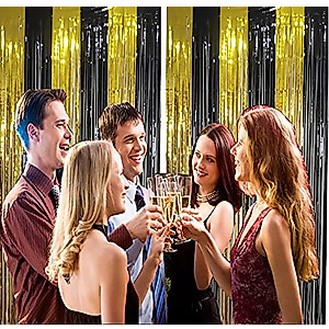 2 Pack 3.3ft x 9.8ft Metallic Fringe Curtains Door Foil Curtains Metallic Curtains Halloween Christmas Party Decoration Tinsel Curtains for Photo Backdrop Party Decorations (Black Gold-2)