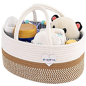 GREATALE Baby Diaper Caddy Organizer - Portable Rope Nursery Storage Bin for Changing Table & Car - Diaper Storage Basket with Removable Divider (Brown)