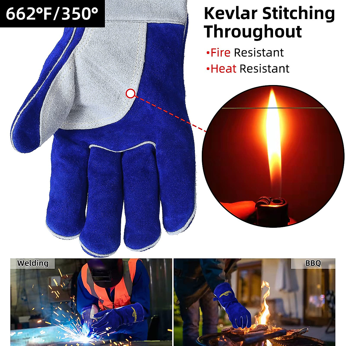 662℉ Welding Gloves HANDSOME PROTECTION 16 Inches, Heat/Fire Resistant Mitts Animal handling Glove Extra Long Sleeve for Oven/Grill/Fireplace/Furnace/Stove/Pot Holder/Tig Welder/Mig/BBQ (Blue)