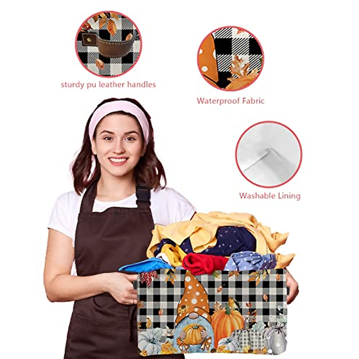 Storage Bin Foldable Storage Basket Pumpkin Gnome Thanksgiving Fall Maple Leaf,Large Storage Bins Handles Storage Baskets for Organizing,Farm Harvest Black Checker Collapsible Storage Cubes Organizer