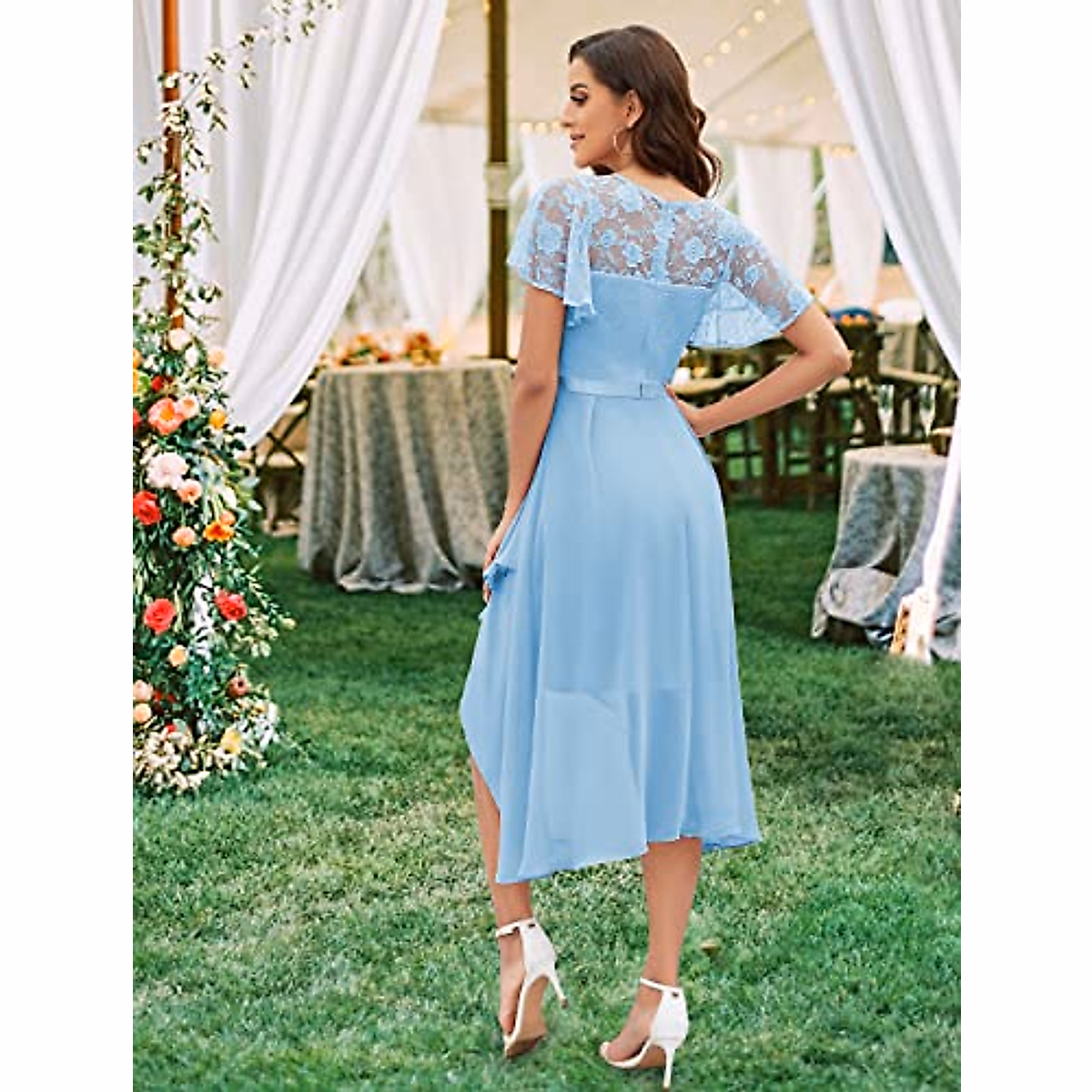 Wedtrend Light Blue Bridesmaid Dresses for Women, High Low Wedding Guest Dress, Flutter Sleeve Formal Dress for Teens, Midi Length Homecoming Dress for School Dacne WT0303LightBlueL