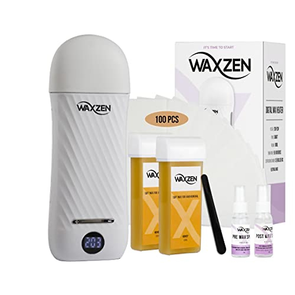 Wax roller kit, Roll on wax kit, WAXZEN digital roll on wax warmer kit, Roll on Wax Warmer for Hair removal, 2 Honey Wax cartridges, 100 pcs strips, Pre and Post Wax Spray