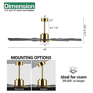 WINGBO 60" DC Ceiling Fan with Lights and Remote Control, Gold and Black Ceiling Fan, 8 Plywood Blades, 6-Speed Reversible DC Motor, Modern Ceiling Fan Indoor for Kitchen Bedroom Living Room