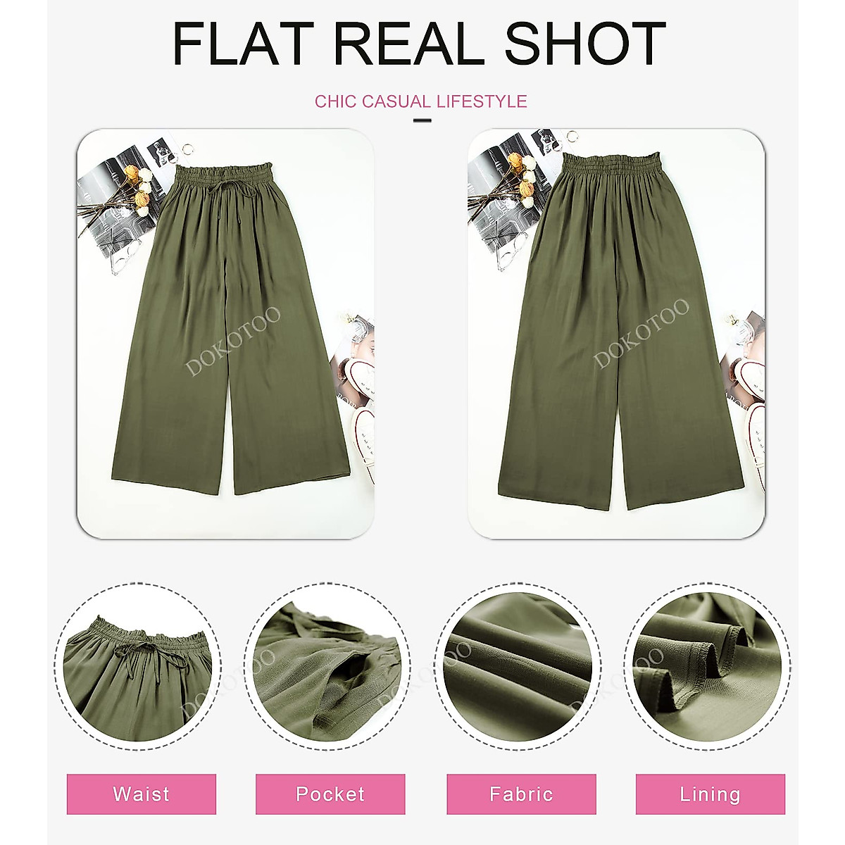 Dokotoo 2024 Stylish Women's Plus Size Wide Leg Palazzo Pants Spring Summer Lightweight Sport Elastic High Waist Yoga Pant with 2 Side Pockets for Women Green S