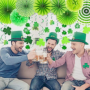 Whaline St.Patrick's Day party Decoration,St Patricks Hanging Paper Fans Honeycomb Ball, Foil String Hanging Swirls, Felt Clover Banner, Lucky Irish Green Shamrock Foil Strings, for Irish Party Decor