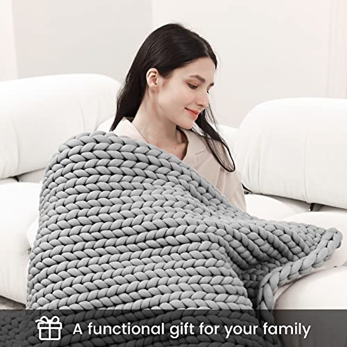 ZonLi Knitted Weighted Blanket 15 pounds (Light Grey, 48''x72''), Cooling Chunky Knit Weighted Blanket Twin Size, Handmade Cozy Home Decor for Sofa Bed