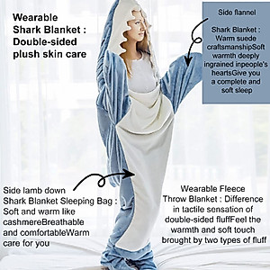 Shark Blanket Adult, Wearable Shark Blanket Super Soft Cozy Flannel Hoodie, Shark Blanket Hoodie Sleeping Bag Shark Onesie Blanket for Adults Kids