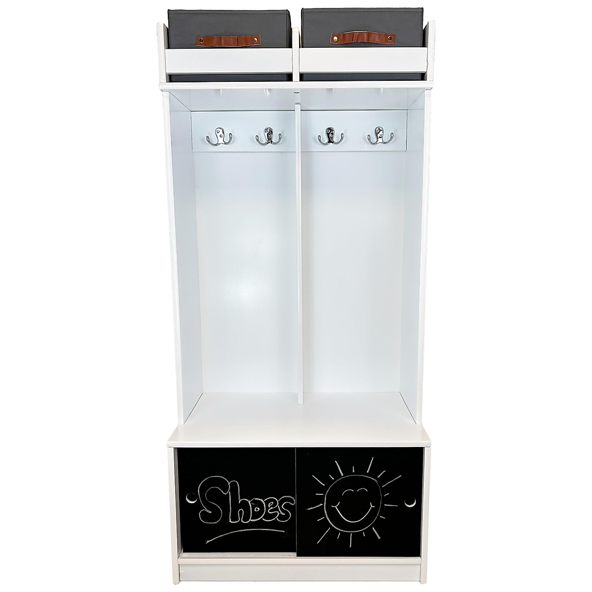 Little Partners Learn 'N Store Deluxe Cubby with Storage Bins - Childrens Classic Design Furniture, 2 Section Coat Locker with 8 Hanging Hooks, Bench and Storage (Soft White)