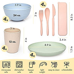 FOODLE Wheat Straw Dinnerware Sets for 4 - Lightweight & Unbreakable Dishes - Microwave & Dishwasher Safe - Perfect for Camping, Picnic, RV, Dorm - Plates, Cups and Bowls - Great for Kids & Adults