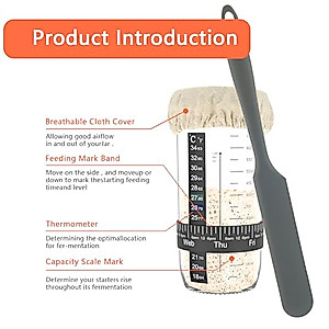 esidianzi Sourdough Starter Jar Kit 650ml Sourdough Starter Container Glass Sourdough Fermentation Jar Wide Mouth with Cloth Cover Spatula Scraper Thermometer Strip Elastic Band Rubber Band for Home