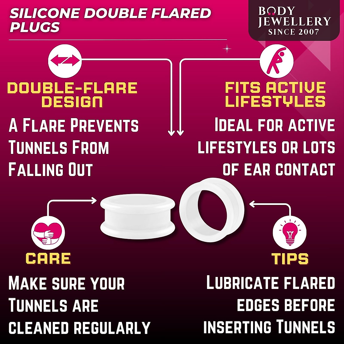 bodyjewellery 15/16G gauge 24mm White Implant grade sili Double Flare Tunnels Ear Plugs SI01 AHAH Ear Stretching Stretchers Piercing 2Pcs