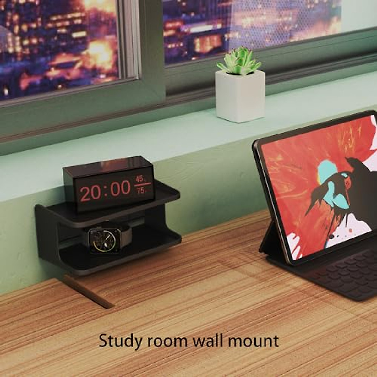 Wall Double-Layer Shelf Bedside Shelf Organizer Storage Shelves Bracket Abs Plastic Bedside Shelf Caddy Basket Pocket Organizer Office Mount Bedroom,Dorm (Black)