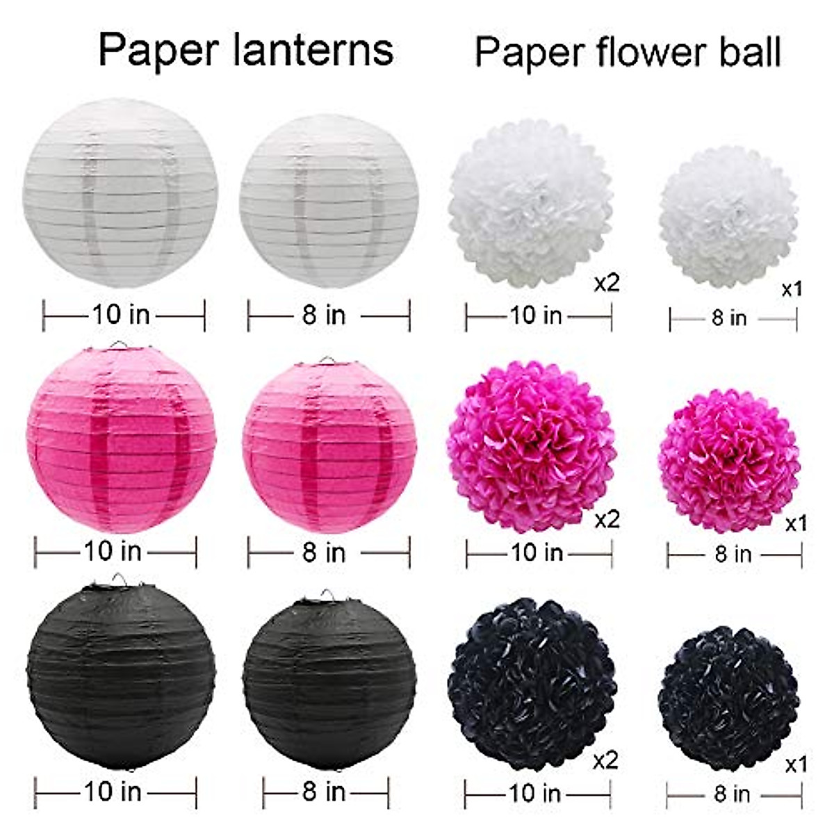 15pcs Hanging Party Decorations Set, Hot Pink White Black Paper Flowers Pom Poms Balls and Paper Lanterns for Minnie Mouse Theme Birthday Baby Shower Bachelorette Party
