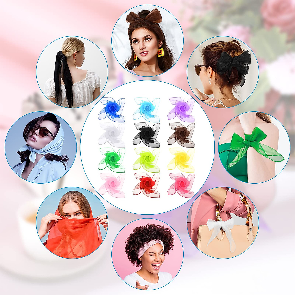 Haysandy 12 Pcs 50s Retro Chiffon Sheer Square Neck Head Scarf for Women Handkerchief Lightweight Satin Ribbon Scarf Hemmed Sheer Neck Scarf Juggling Dance Scarf Set, 27.5 x 27.5 Inches (Retro Color)