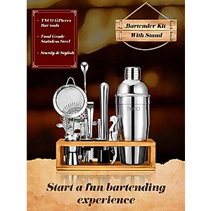 Bartender Kit, TNCO Cocktail Shaker Set with Stand,Bar Set Drink Mixer Set with All Essential Bar Accessory,Martini Mixer Cup with Muddler,Jigger, Strainer,Ice Tongs,Spoon,Liquor Pourers,Ice Filter