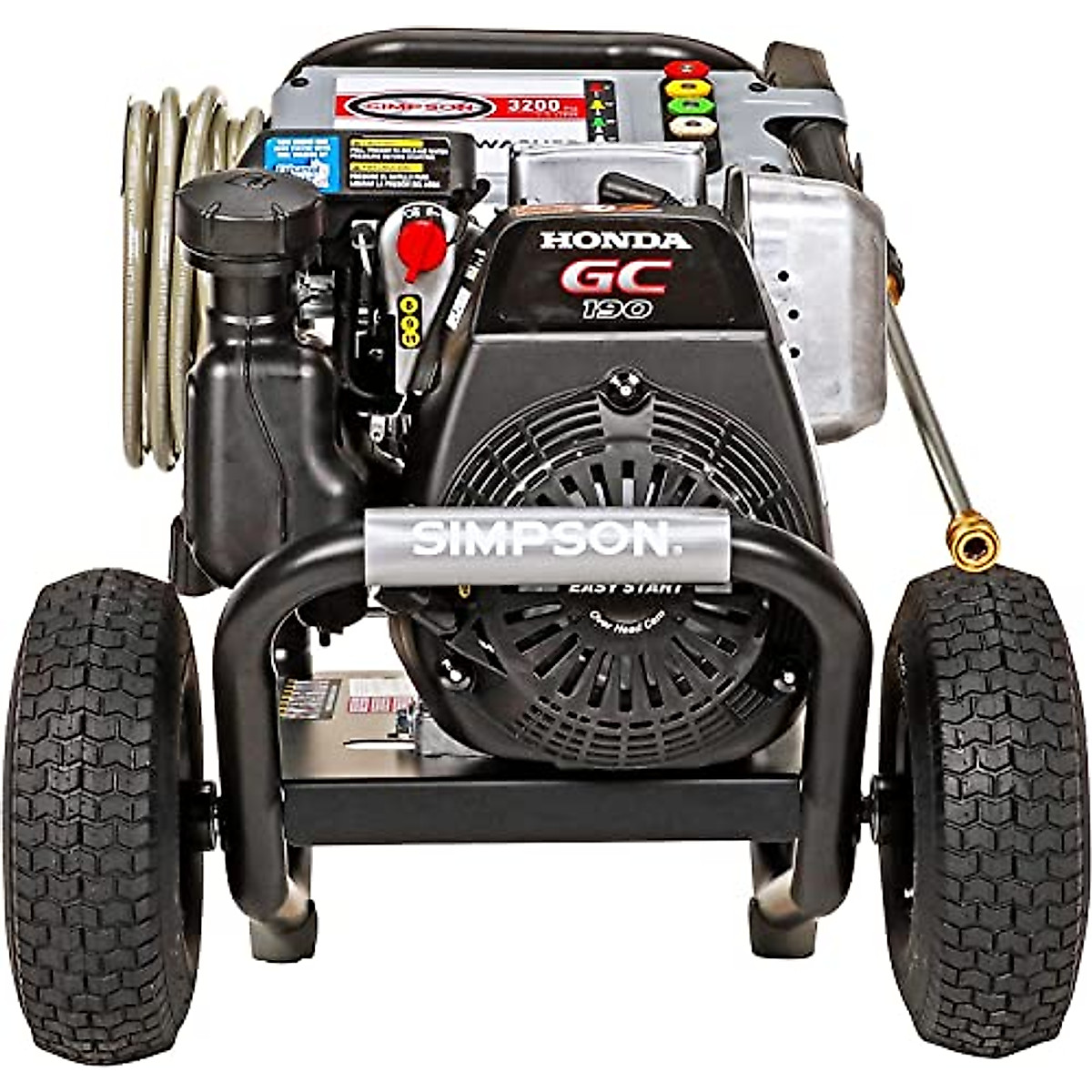 SIMPSON Cleaning MSH3125 MegaShot 3200 PSI Gas Pressure Washer, 2.5 GPM, Honda GC190 Engine, Includes Spray Gun and Extension Wand, 5 QC Nozzle Tips, 1/4-in. x 25-ft. MorFlex Hose, (49-State), Black