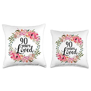 Floral 90 Years Loved Mom Grandma Birthday Gift Floral Loved 90 Year Old Grandma 90th Birthday Gift Throw Pillow, 16x16, Multicolor