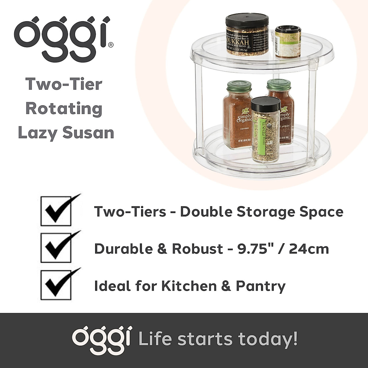 OGGI Two Tier Lazy Susan Rotating Organizer for Kitchen, Pantry, Cabinet Organizing and Storage. Ideal as a Rotating Spice Rack and Pantry Can Organizer, 9.75'' Dia x 8'' H (7780.)
